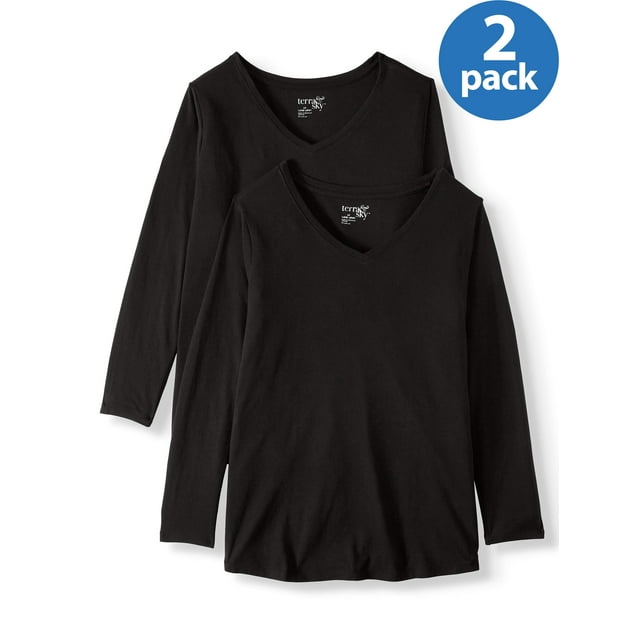Terra And Sky Womens Plus Size Long Sleeve Everyday Essential V Neck T