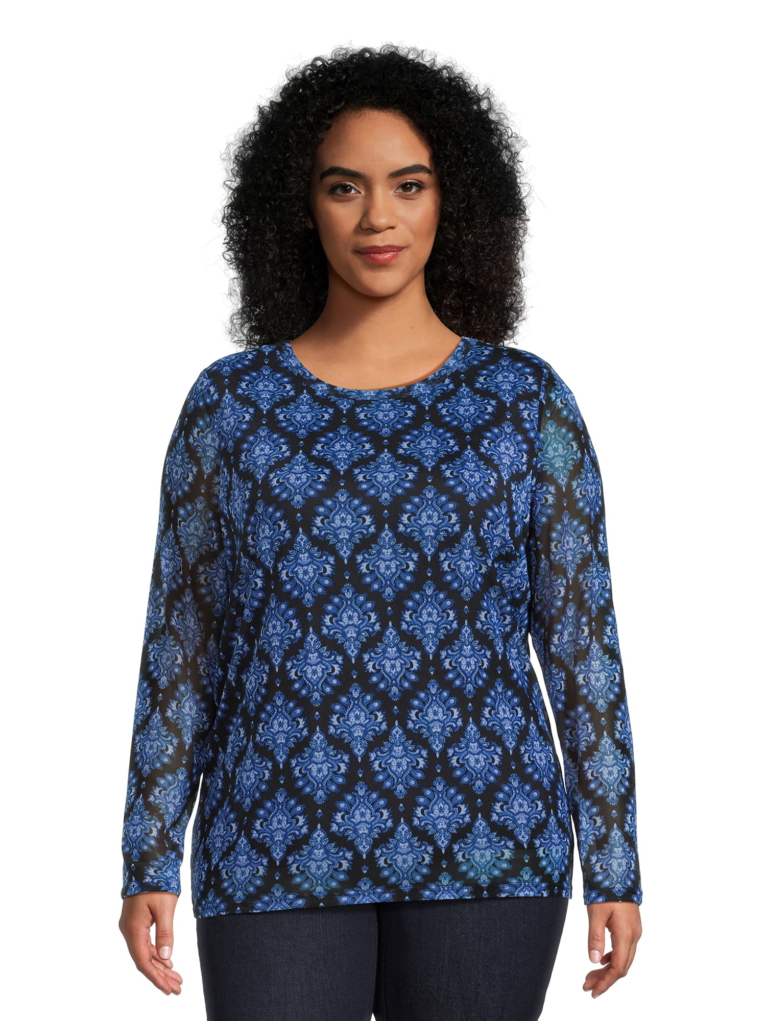 Terra & Sky Plus Size Long Sleeve Mesh Top - Design - Walmart.com