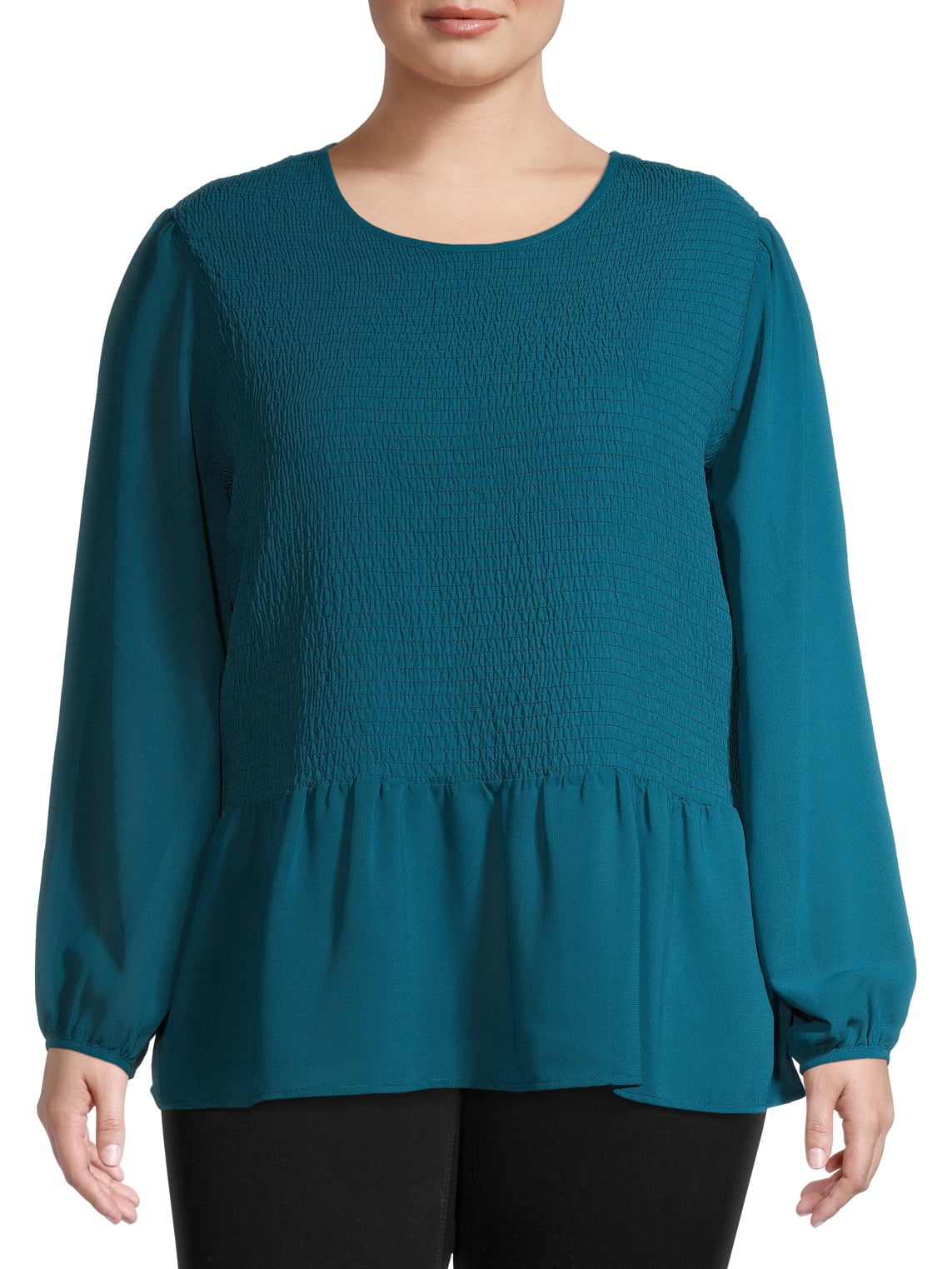 Terra And Sky Womens Plus Size Long Sleeve Smocked Bodice Top
