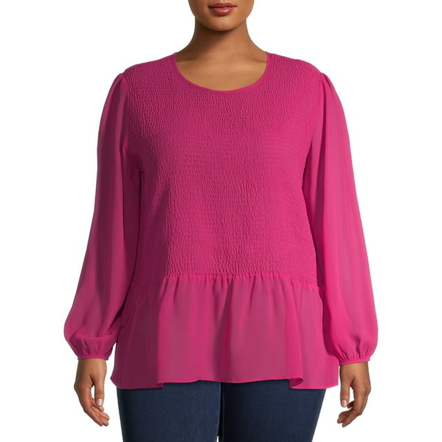 Terra And Sky Womens Plus Size Long Sleeve Smocked Bodice Top