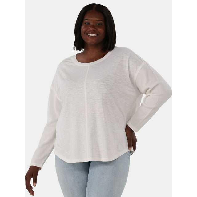 Terra And Sky Womens Plus Size Textured Scoop Neck Top With Long Sleeves
