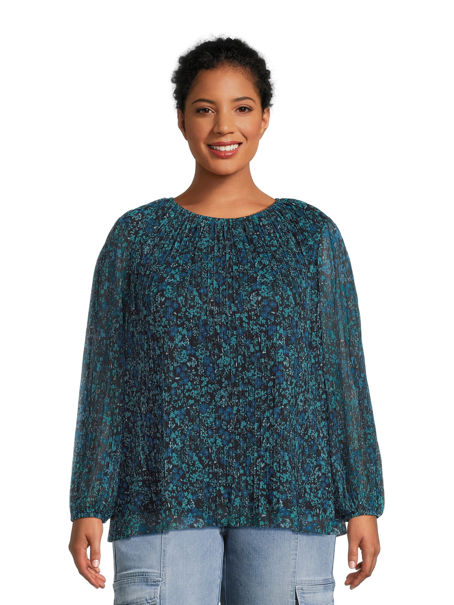 Terra & Sky Plus Size Mesh Top with Long Sleeves, Relaxed Fit, Trendy ...