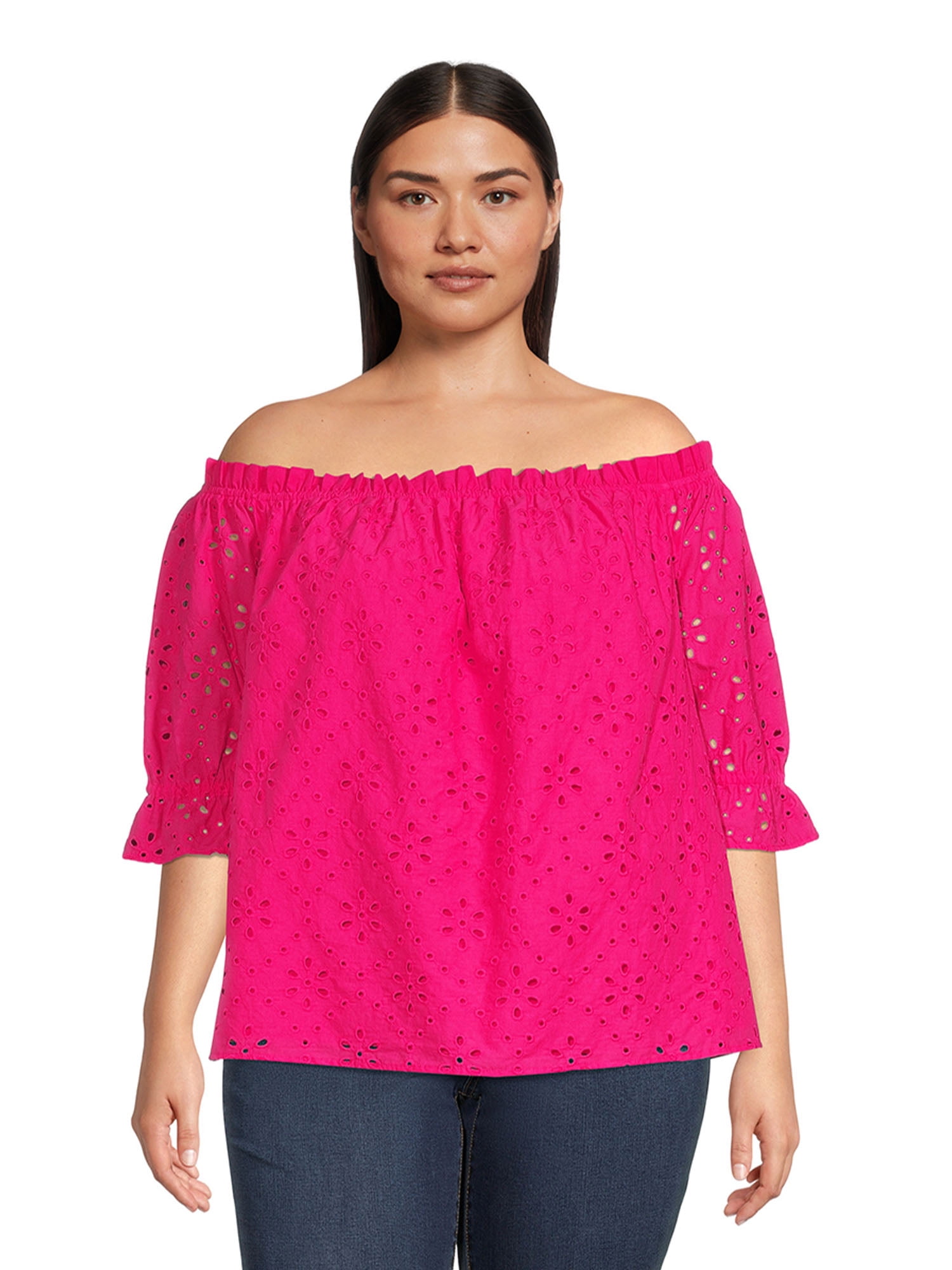 Terra & Sky Women's Plus Size Off The Shoulder Eyelet Top - Walmart.com