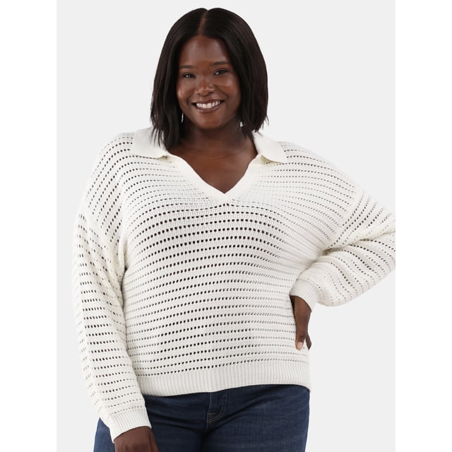 Terra & Sky Women's Plus Size Open Stitch Sweater with Collar, Sizes 0X ...