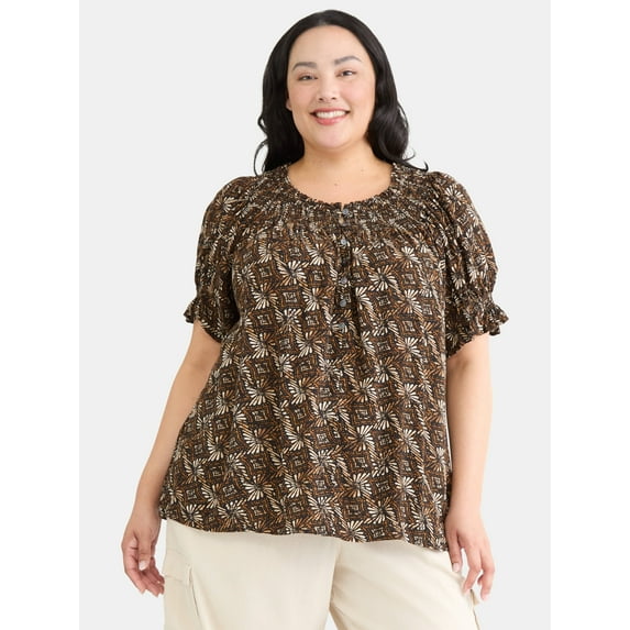 Terra & Sky Women’s Plus Size Short Sleeve Peasant Top, Decorative ...