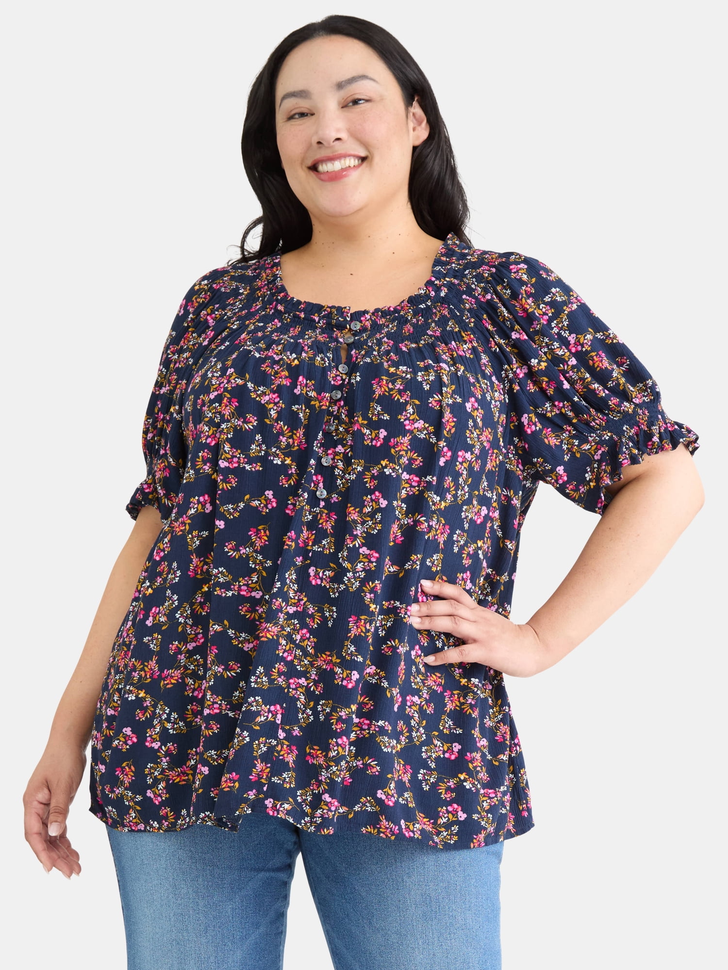 Terra & Sky Women's Plus Size Short Sleeve Peasant Top, Allover Print ...