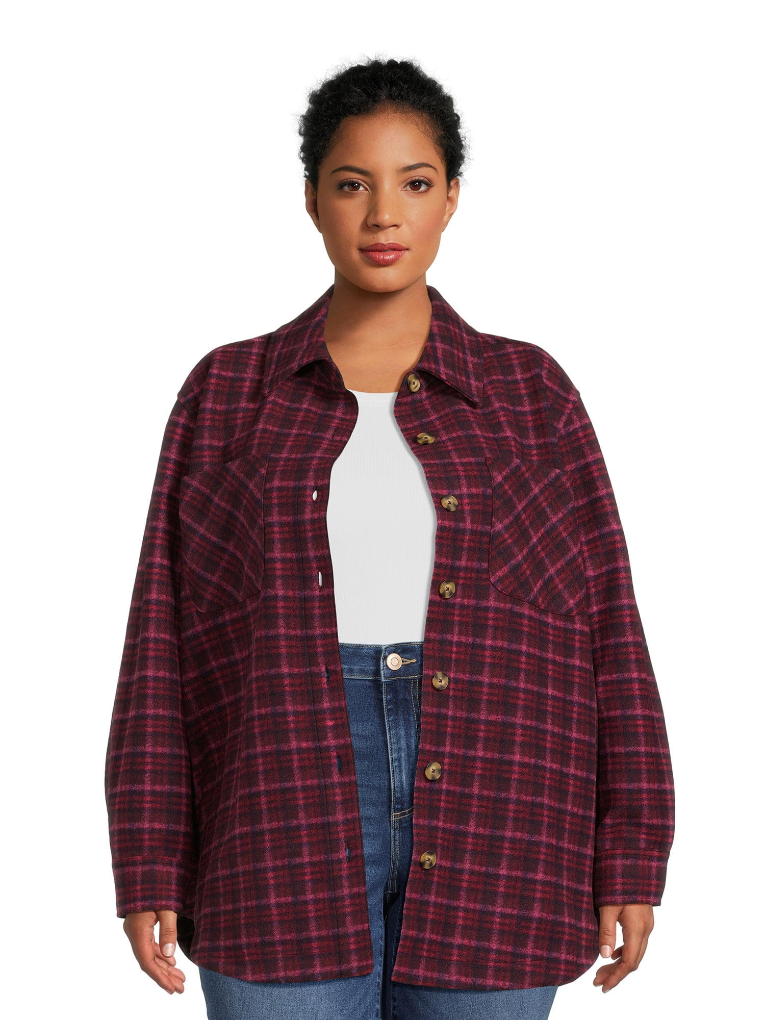 Terra & Sky women's Plus Size Plaid Shacket - Down Jacket - Walmart.com