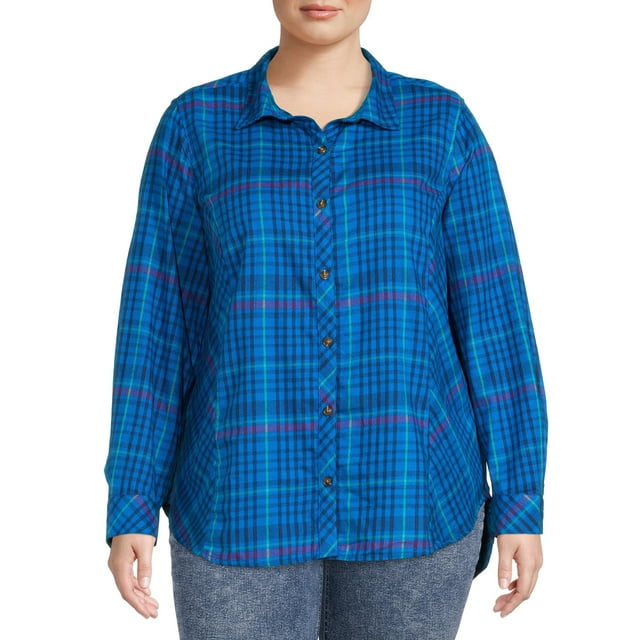 Terra And Sky Womens Plus Size Plaid Button Down Shirt