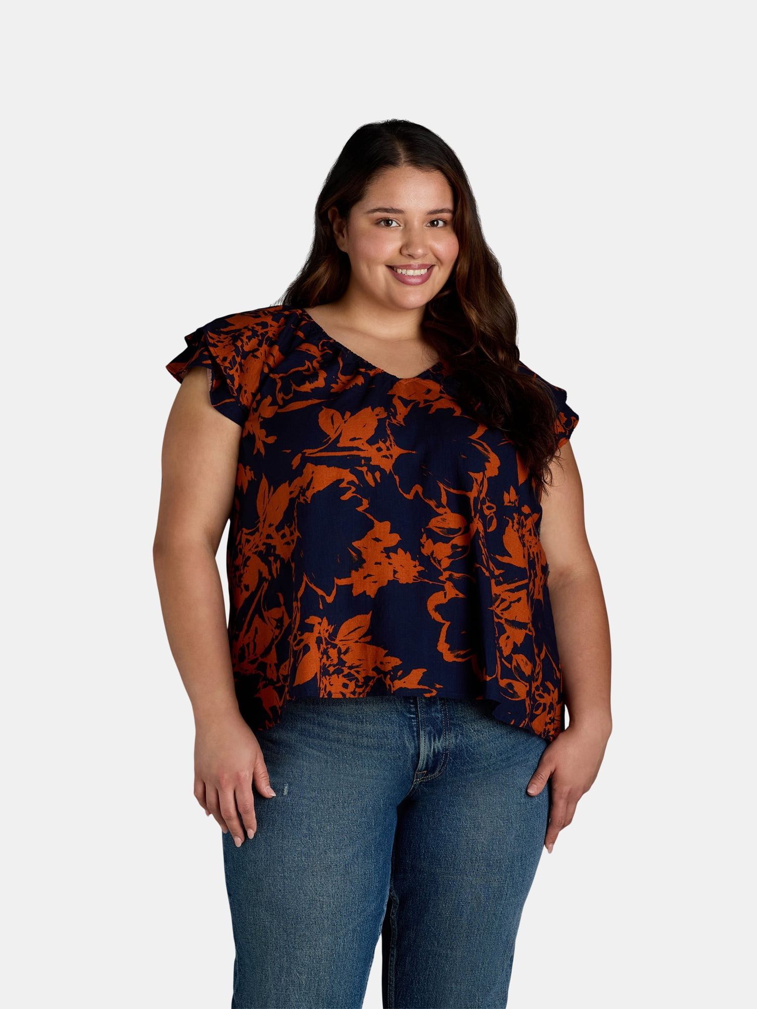 Terra & Sky Plus Size Print Blouse V-Neck Flutter Sleeve Top - Walmart.com