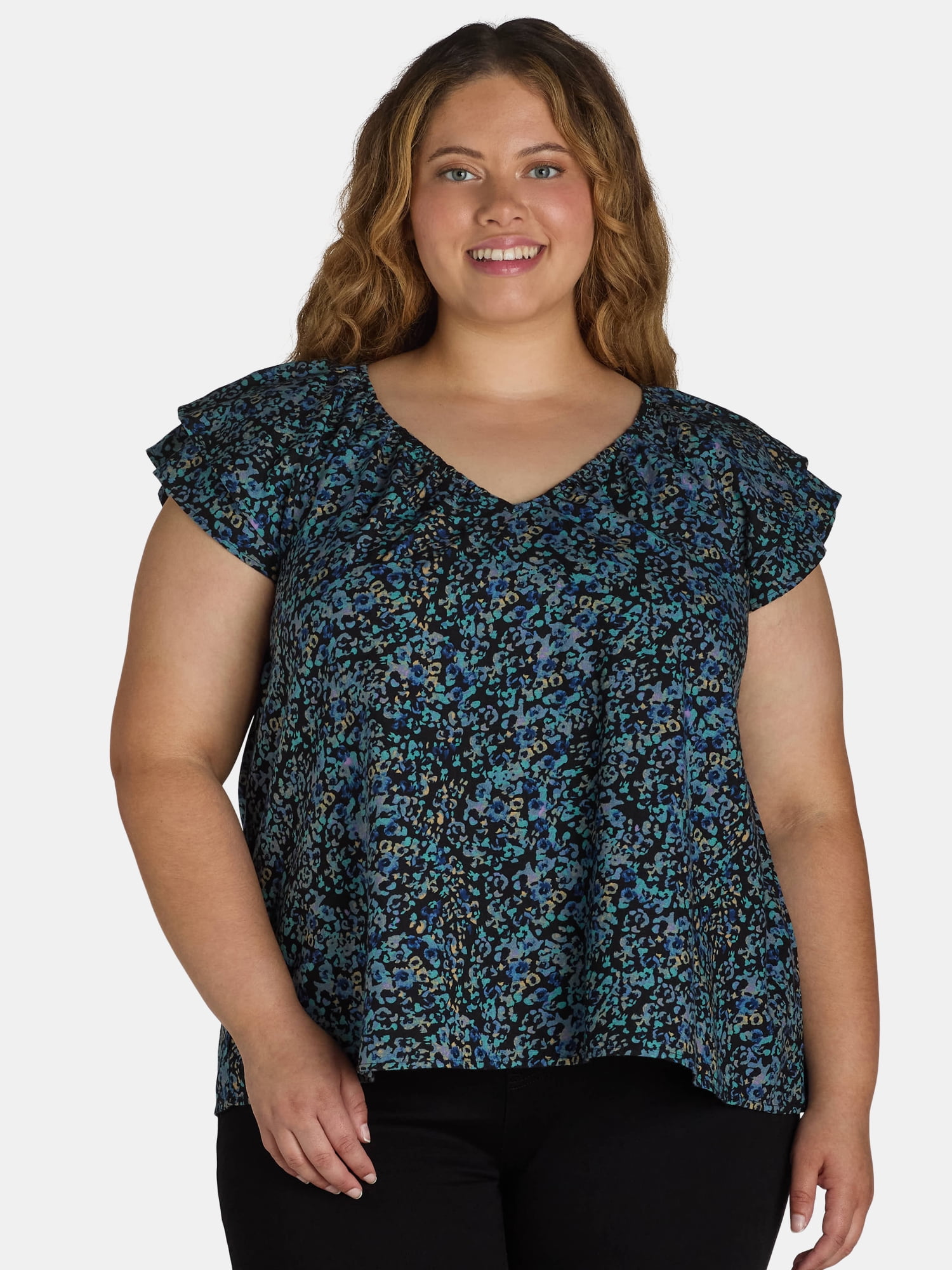 Terra & Sky Women's Plus Size Print Blouse with Flutter Sleeves - Walmart.com