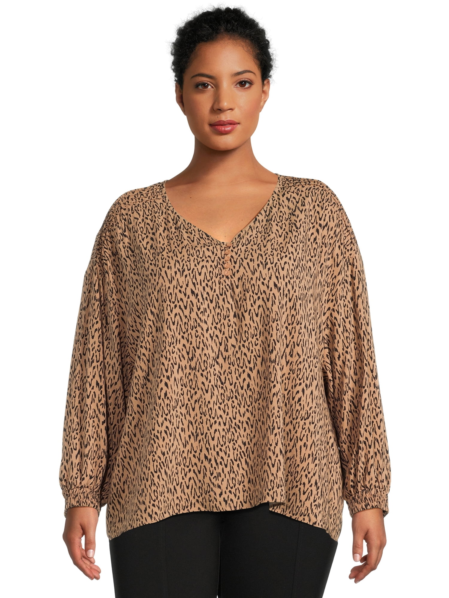 Terra & Sky Women's Plus Size Print Henley Top with Long Sleeves ...