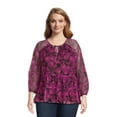 Terra And Sky Womens Plus Size Print Mesh Peasant Top With Long Sleeves