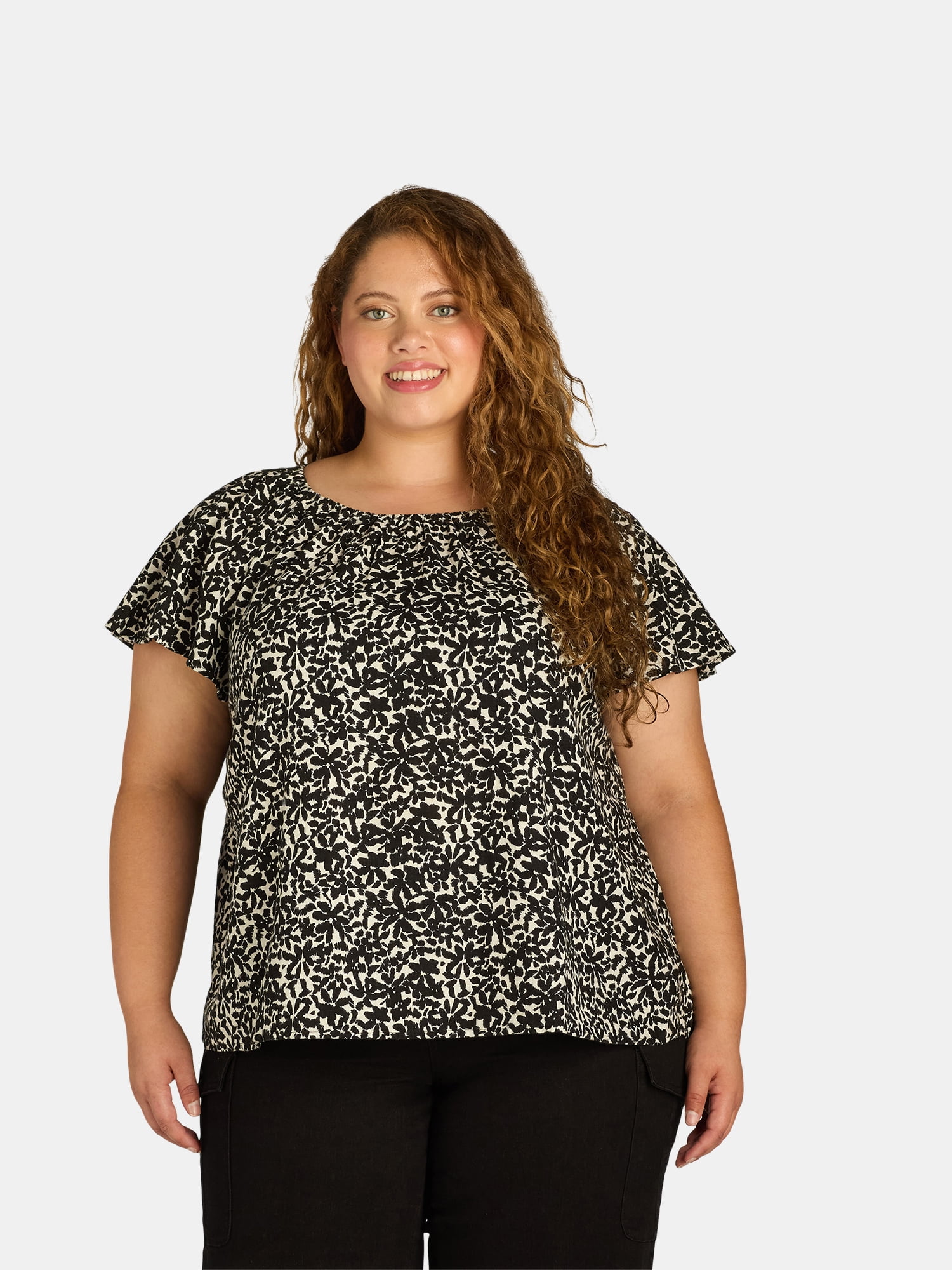 Terra & Sky Plus Size Printed Flutter Sleeve Top, Linen Blend, Sizes 0X ...