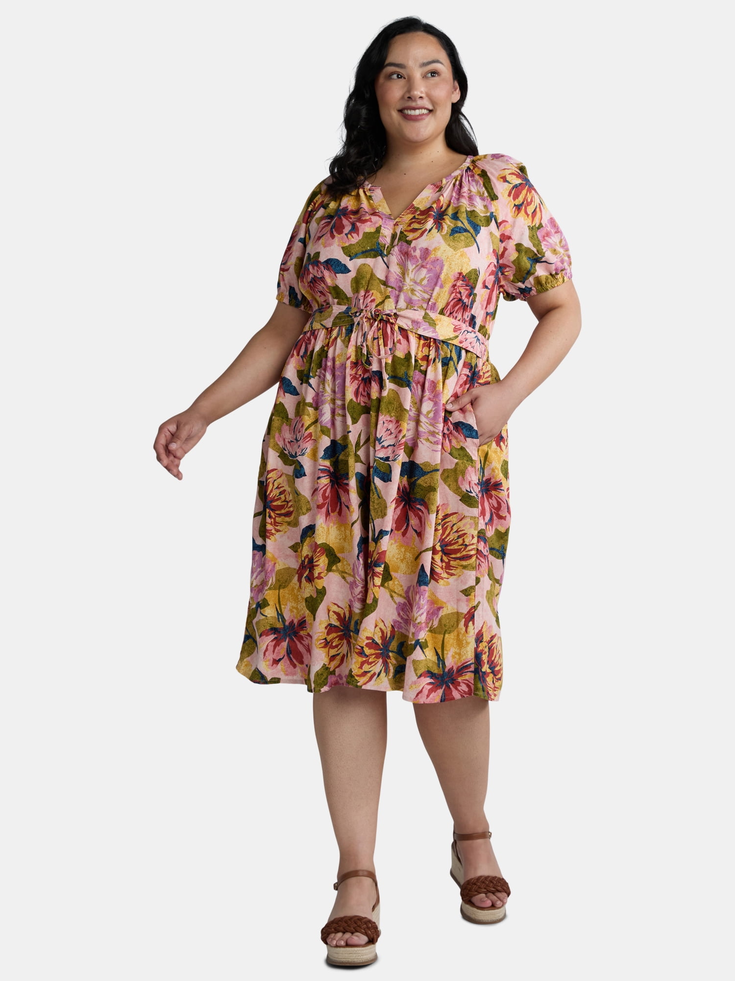 Terra & Sky Women's Plus Size Puff Sleeve Dress with Pockets and V-Neck ...