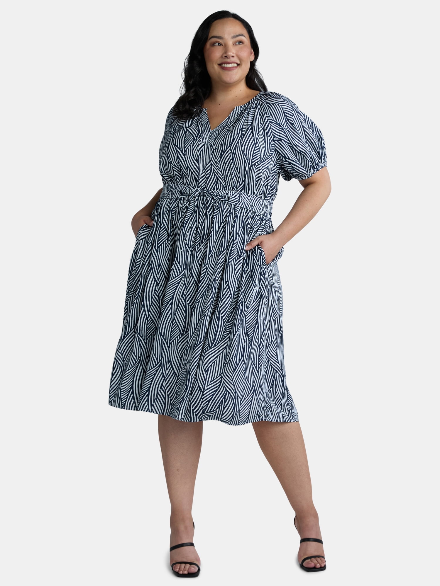 Terra & Sky Plus Size Puff Sleeve Dress - V-Neck - Walmart.com