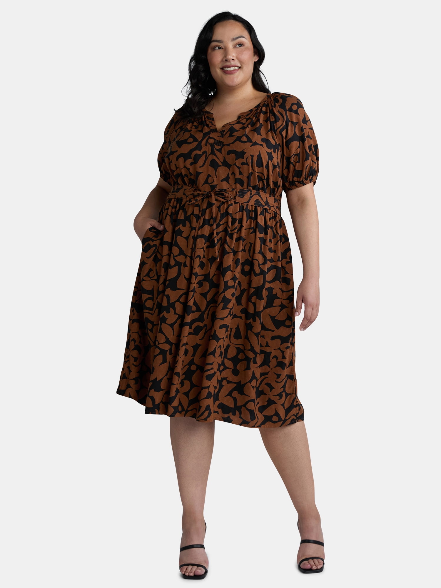 Terra & Sky Women's Plus Size Puff Sleeve Dress 0X-5X V-Neck Allover ...