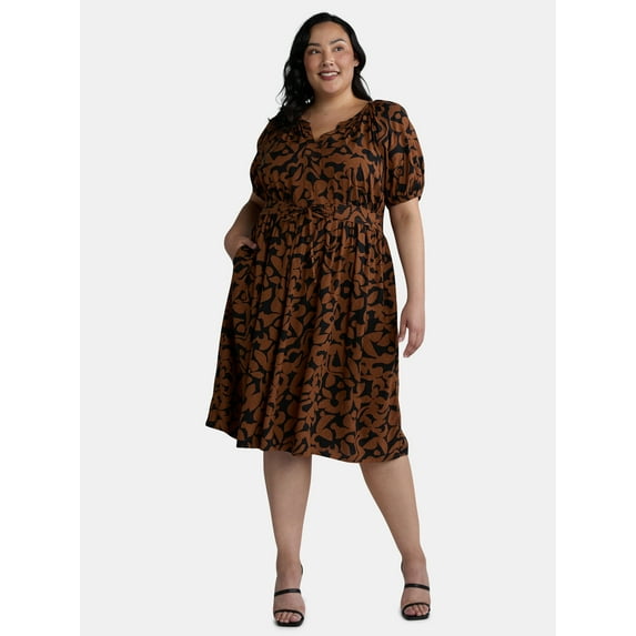 Terra & Sky Women's Plus Size Puff Sleeve Dress 0X-5X V-Neck Allover ...