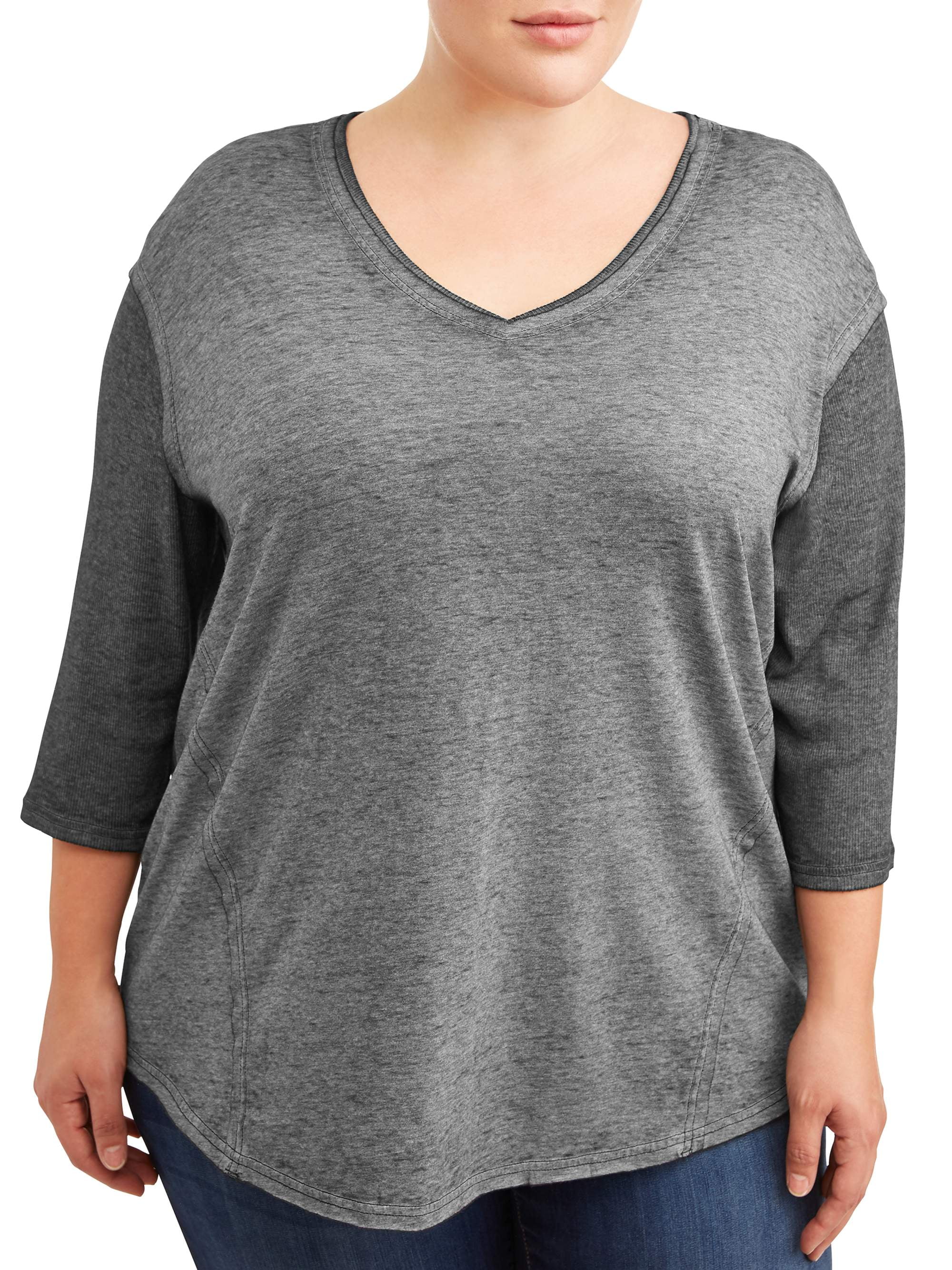 Terra & Sky Women's Plus Size Quarter Sleeve V-Neck Burnout T-Shirt ...