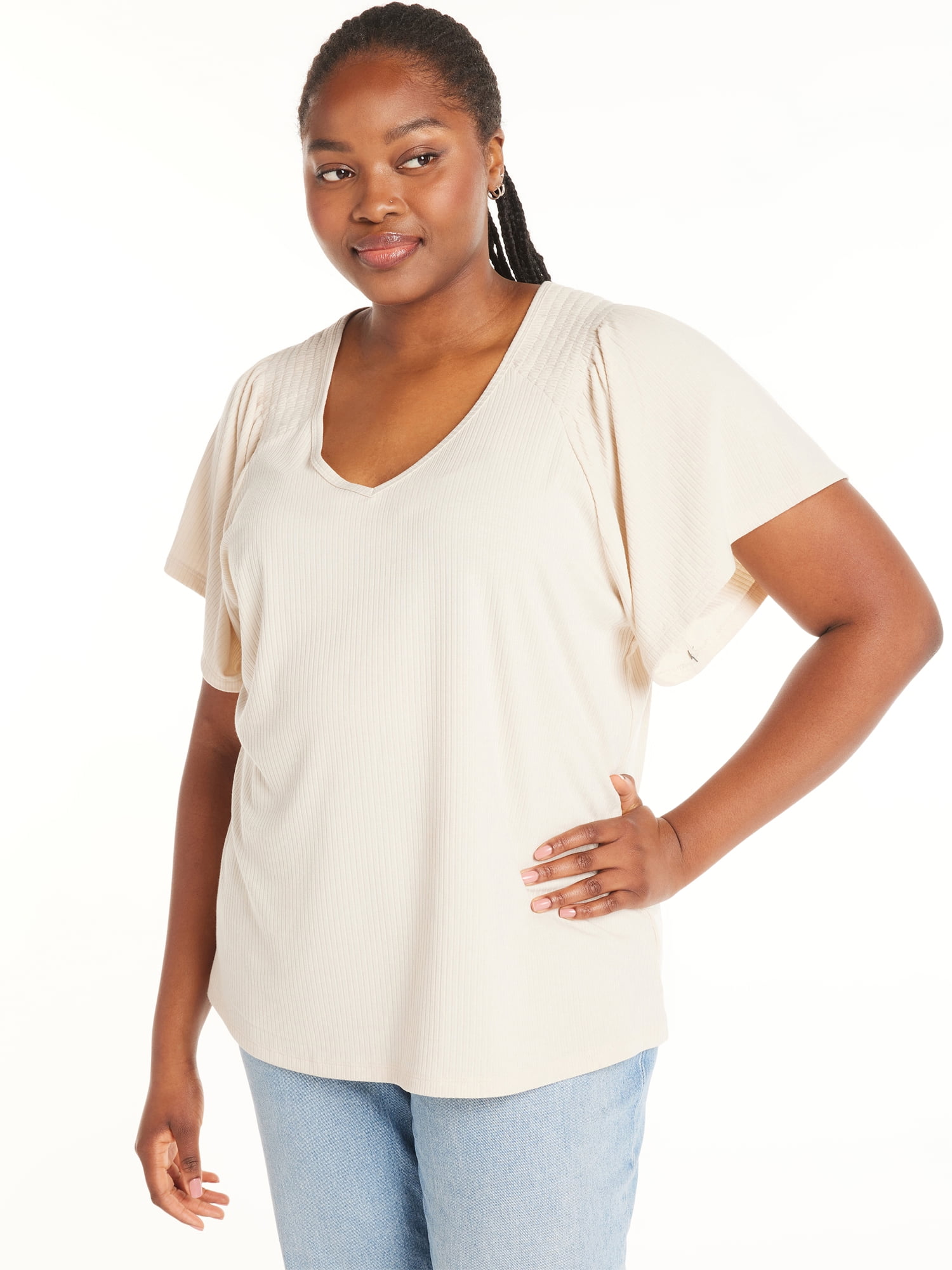 Terra & Sky Plus Size Ribbed Flutter Sleeve Top - Walmart.com