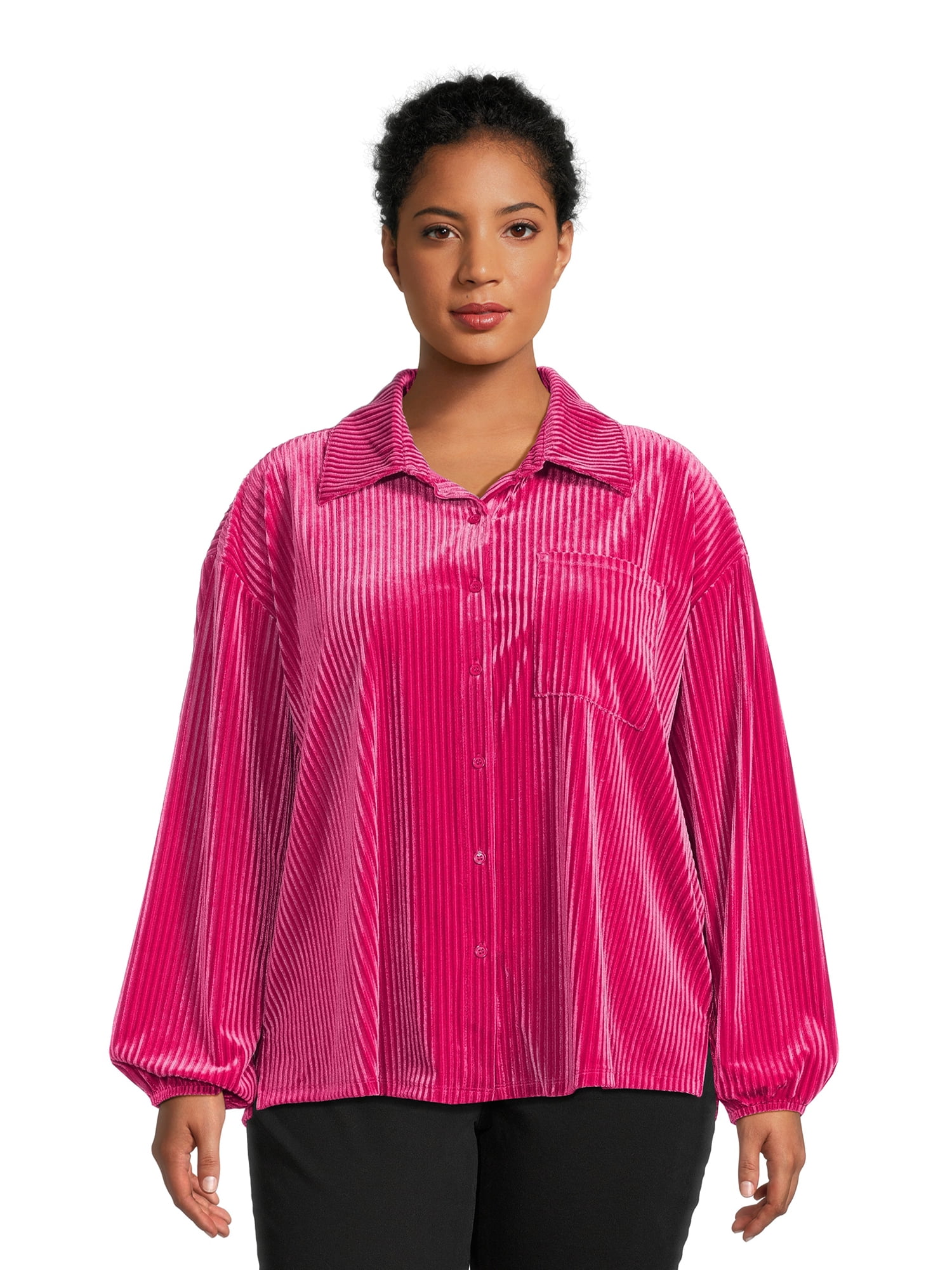 Terra & Sky Women's Plus Size Ribbed Velvet Button Down Top - Walmart.com