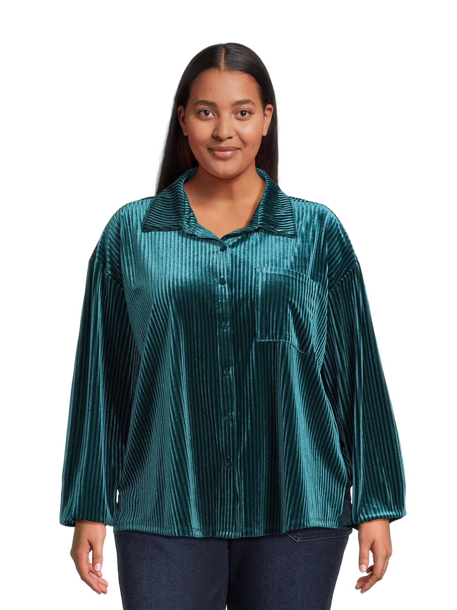 Terra & Sky Women's Plus Size Ribbed Velvet Button Down Top - Walmart.com
