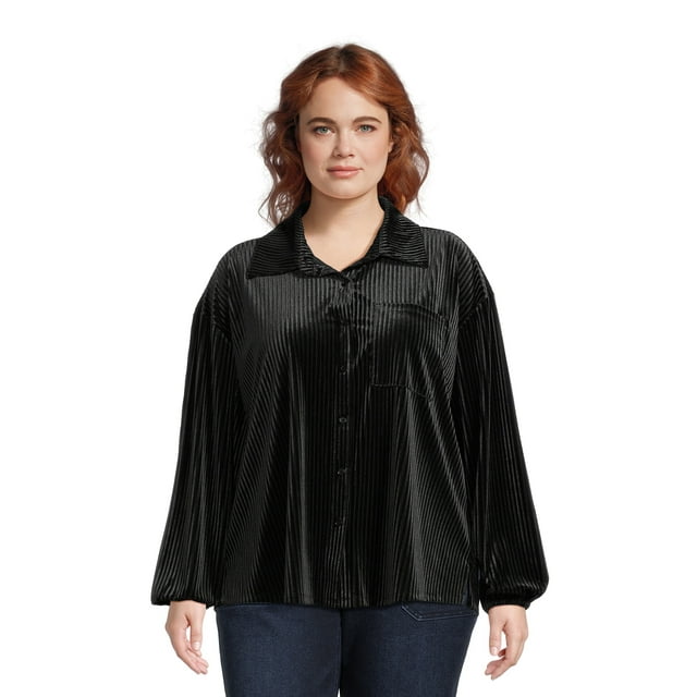 Terra & Sky Women's Plus Size Ribbed Velvet Button Down Top - Walmart.com