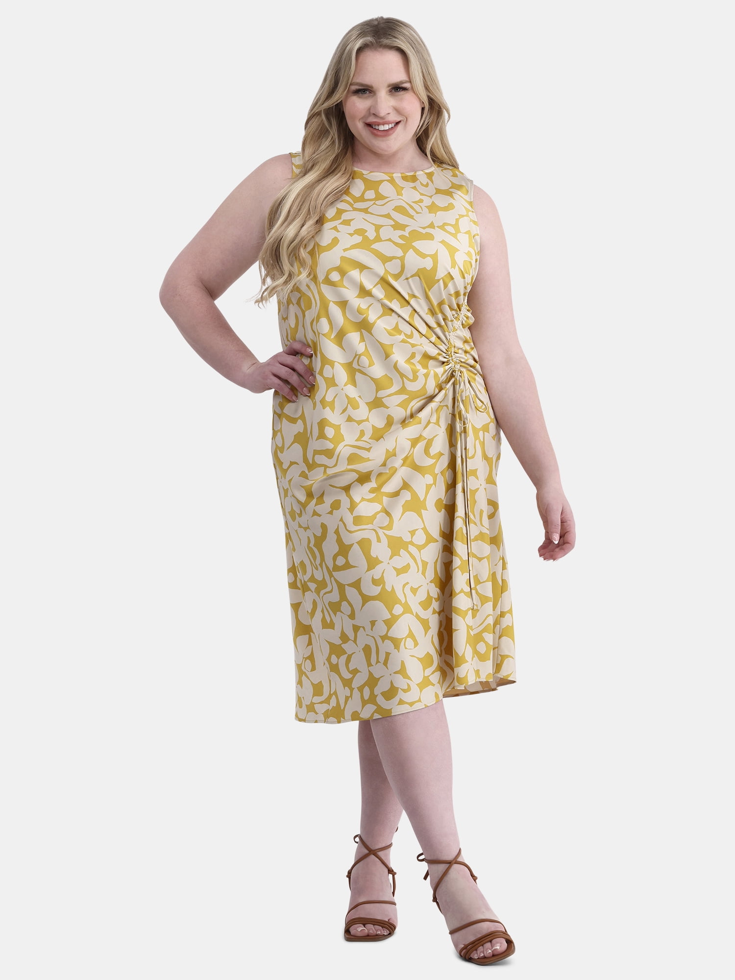 Terra & Sky Plus Size Ruched Sleeveless Midi Dress, Curvy Fit, Front ...