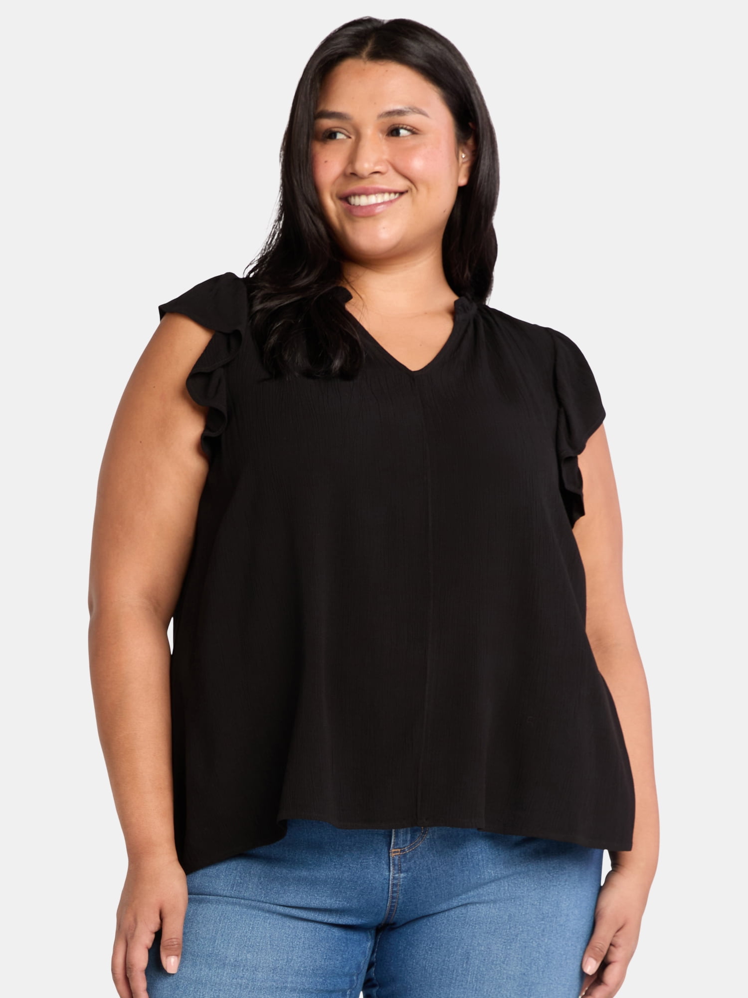 Terra & Sky Women's Plus Size Ruffle Neck Blouse with Flutter Sleeves, Viscose, Machine Washable ...