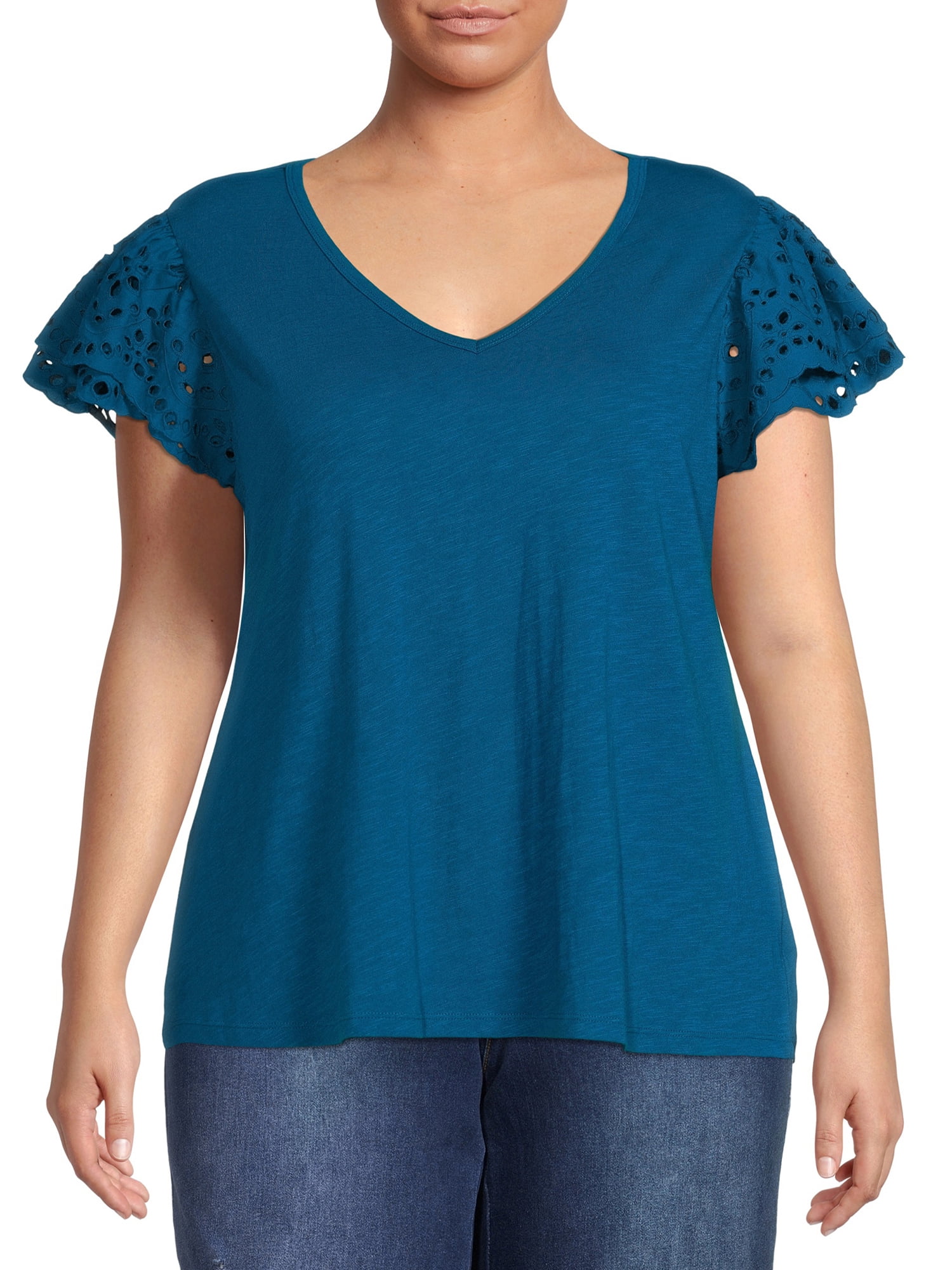 Terra & Sky Women's Plus Size Slub Knit Eyelet Sleeve Top - Walmart.com