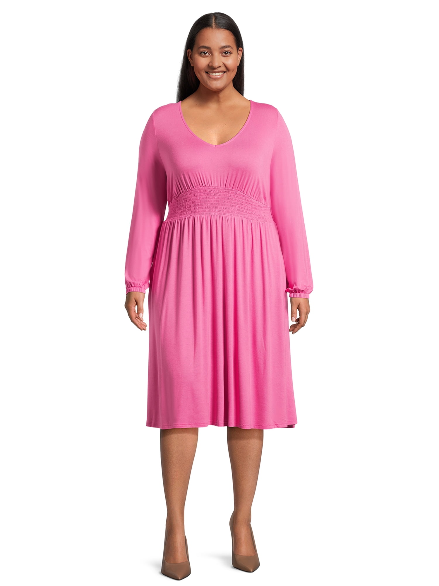 Terra & Sky Women's Plus Size Smock Waist Dress with Long Sleeves ...
