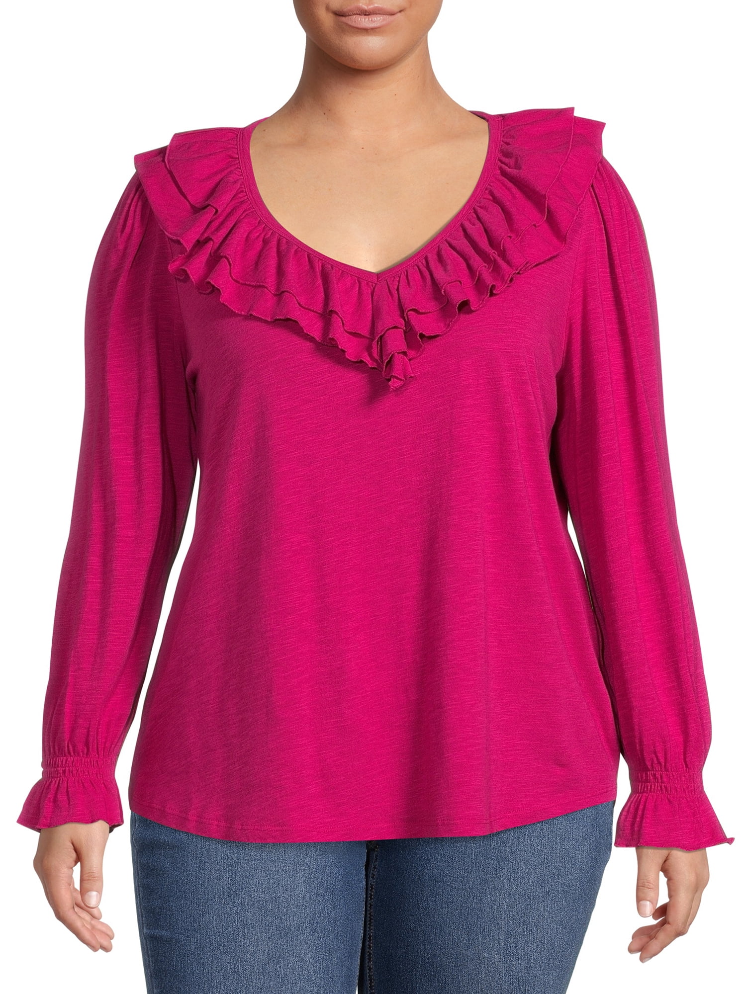 Terra & Sky Plus Size Smocked Cuff Ruffle Tee - Cotton Modal Knit V ...