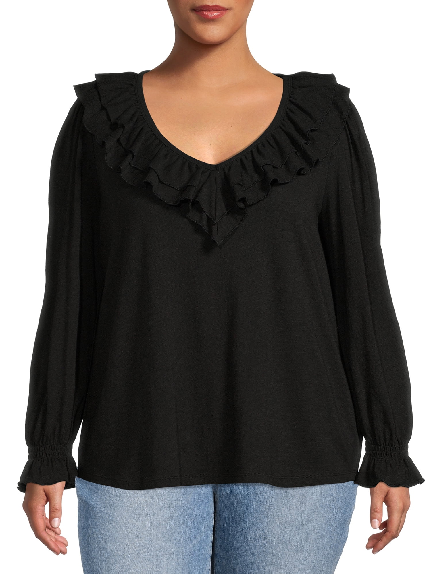 Terra And Sky Womens Plus Size Smocked Cuff Ruffle Tee