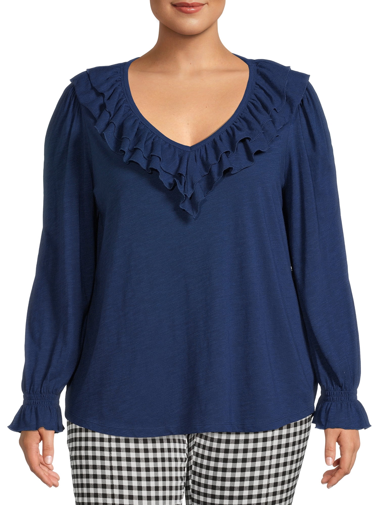 Terra & Sky Women's Plus Size Smocked Cuff Ruffle Tee - Walmart.com