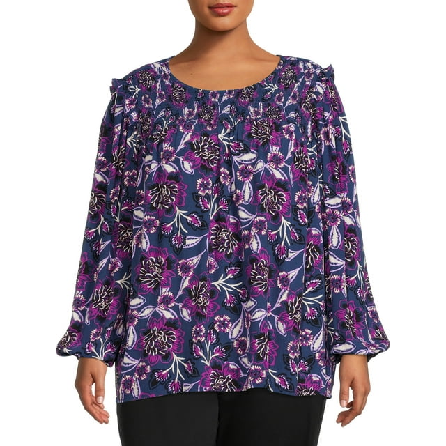 Terra And Sky Womens Plus Size Smocked Woven Top