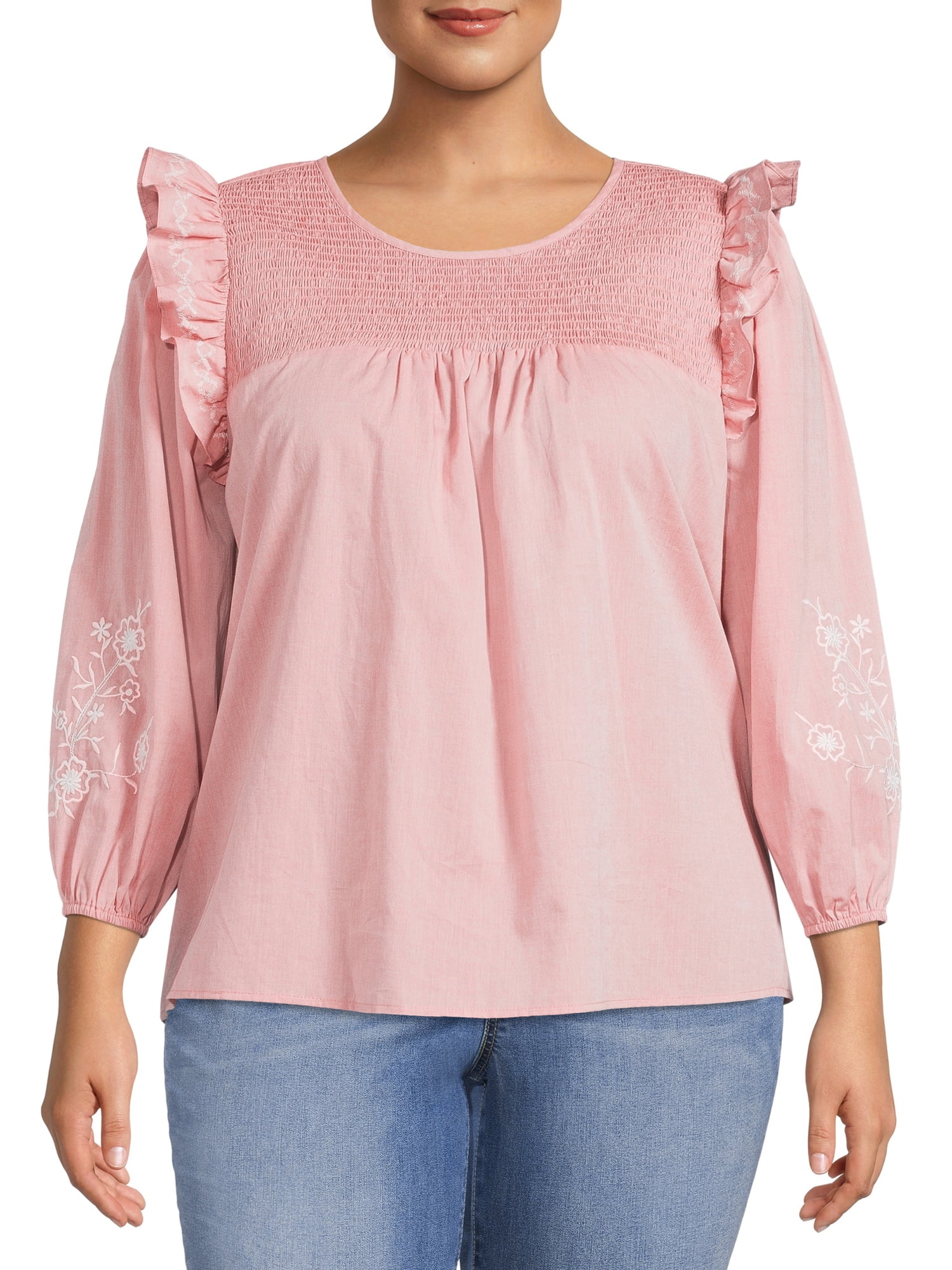 Terra & Sky Women's Plus Size Smocked Yoke Top with Ruffle Sleeves ...