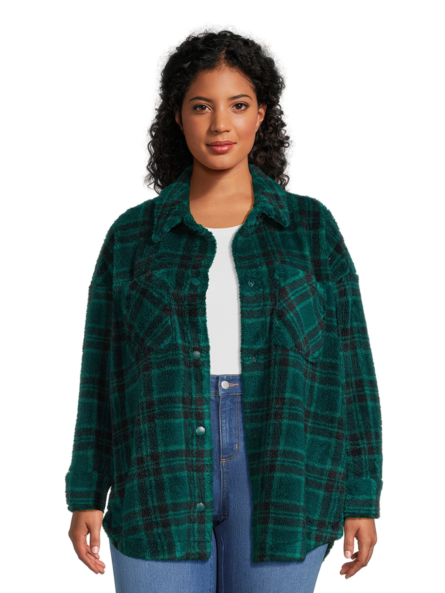 Terra & Sky Women's Plus Size Snap Front Faux Shearling Shacket ...