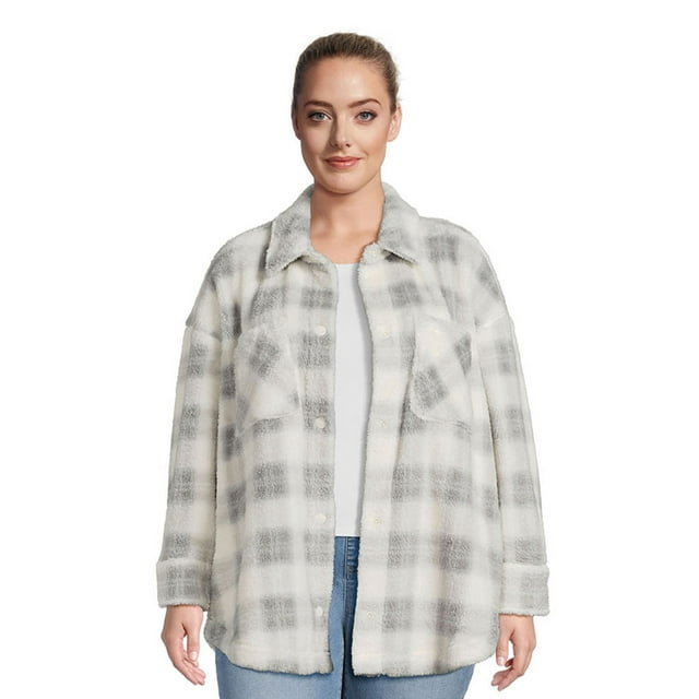 Terra & Sky Women's Plus Size Snap Front Faux Shearling Shacket ...