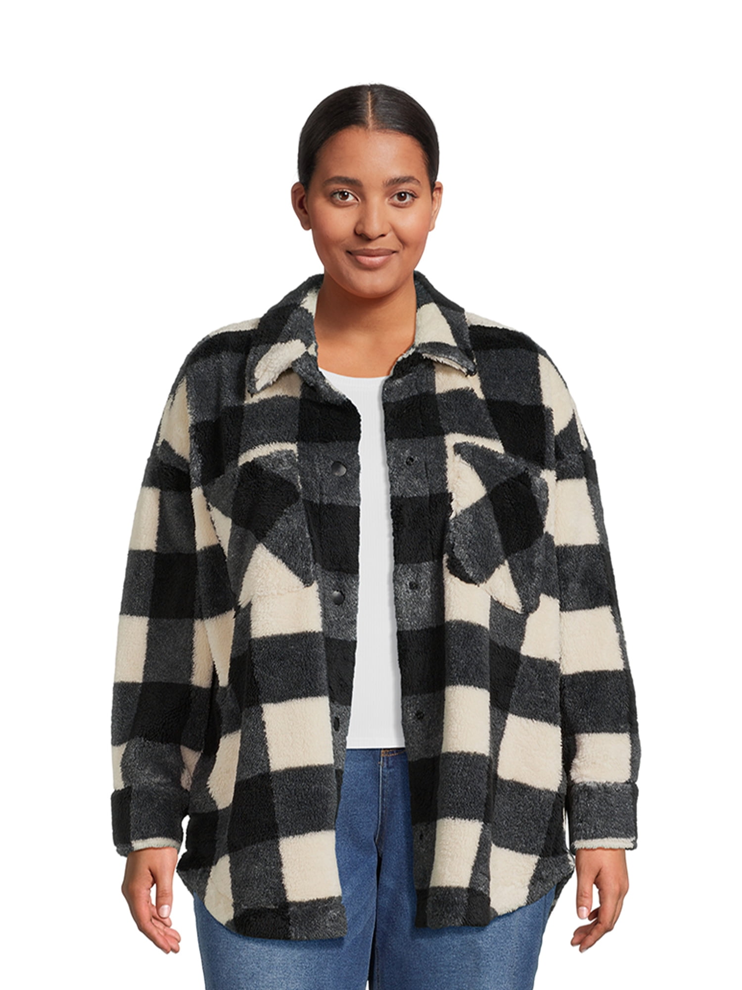 Terra & Sky Women's Plus Size Snap Front Faux Shearling Shacket ...