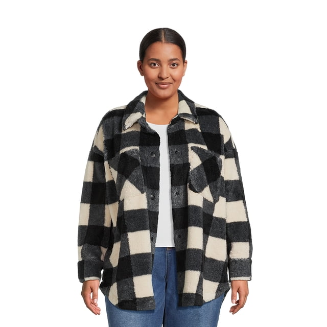 Terra & Sky Plus Size Snap Front Faux Shearling Shacket, Polyester ...