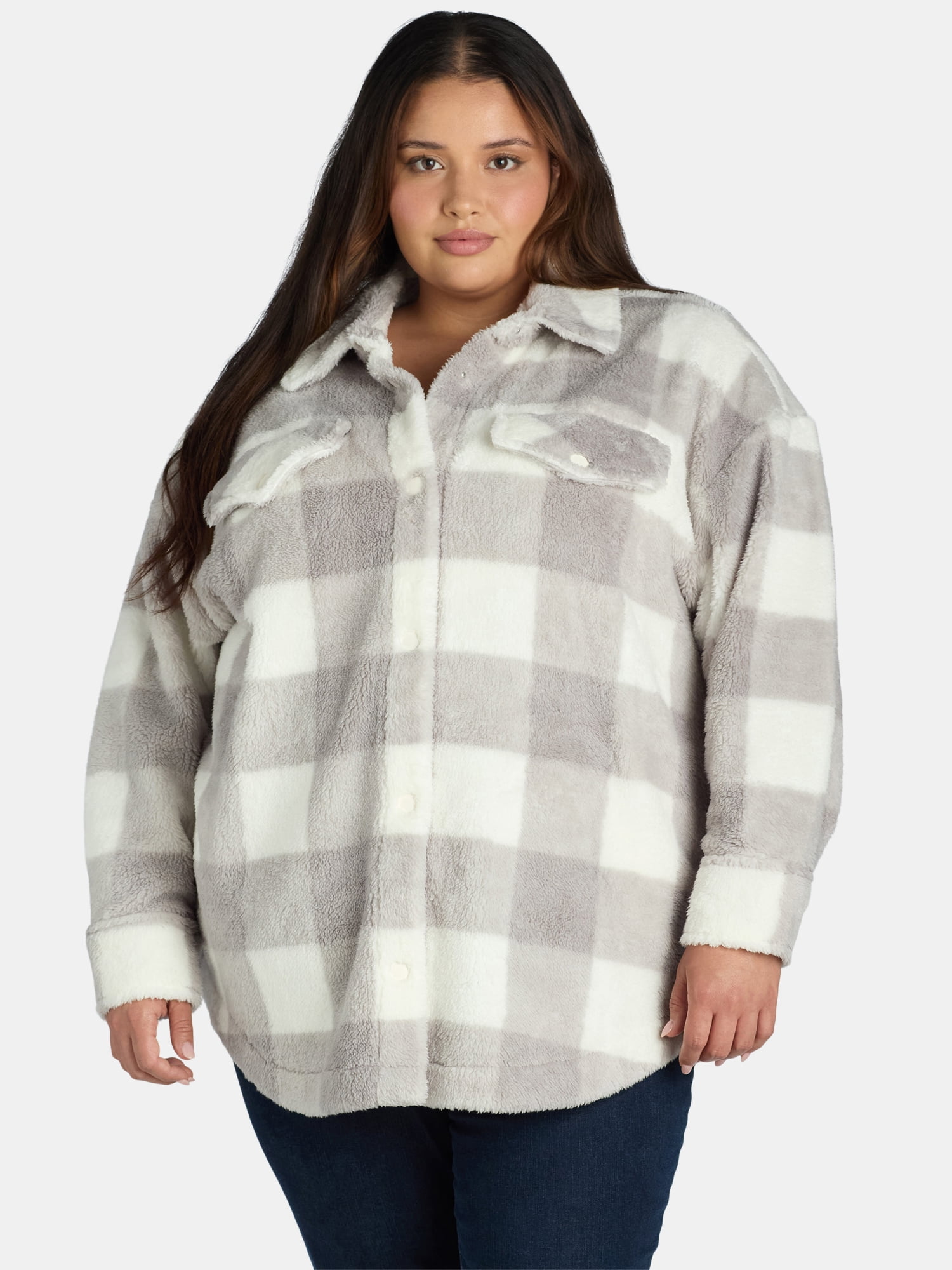 Terra & Sky Women's Plus Size Faux Shearling Shacket, Sizes 0X-5X ...