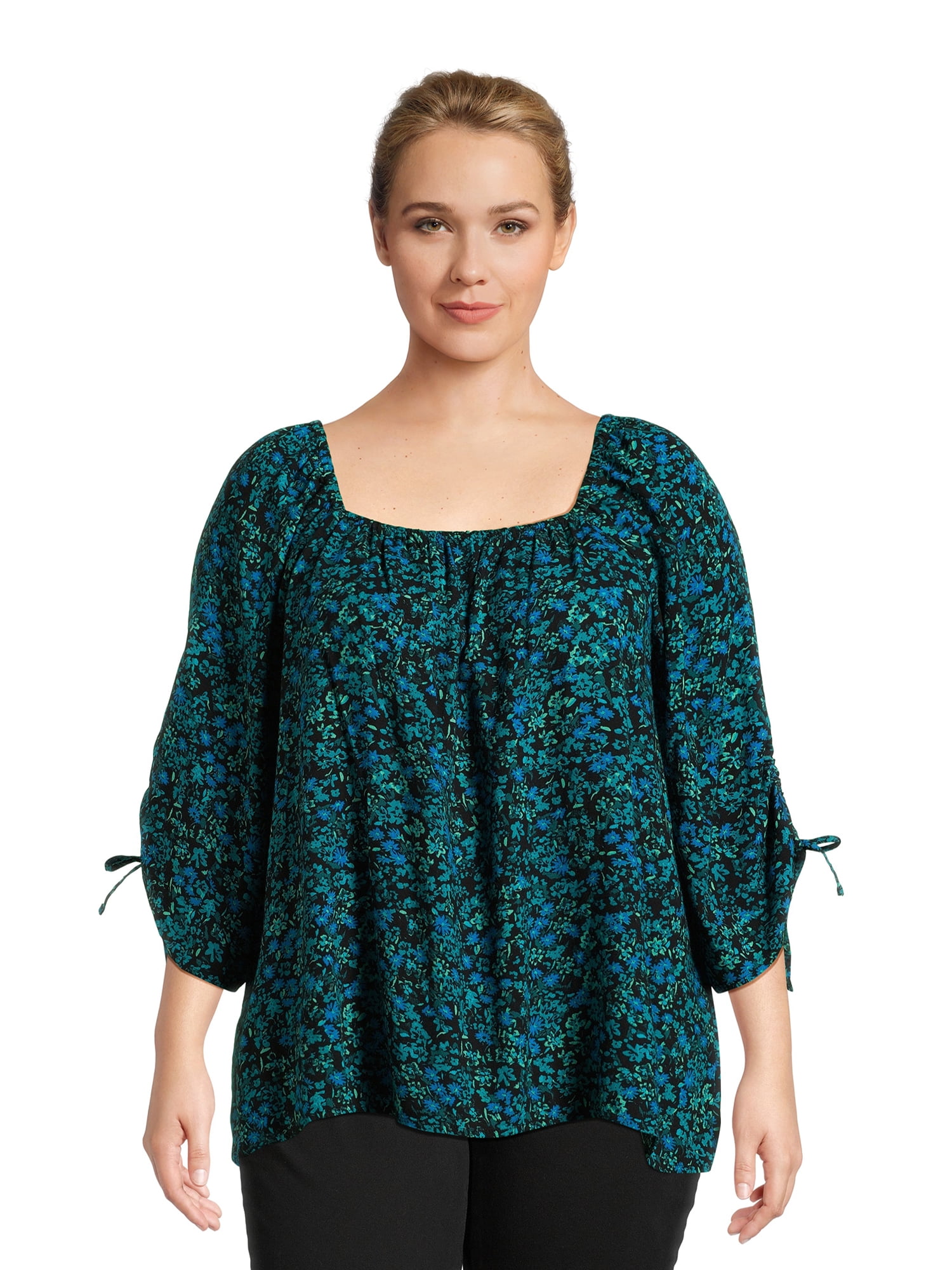 Terra & Sky Plus Size Square Neck Ruched Top, Relaxed Fit, Lightweight ...