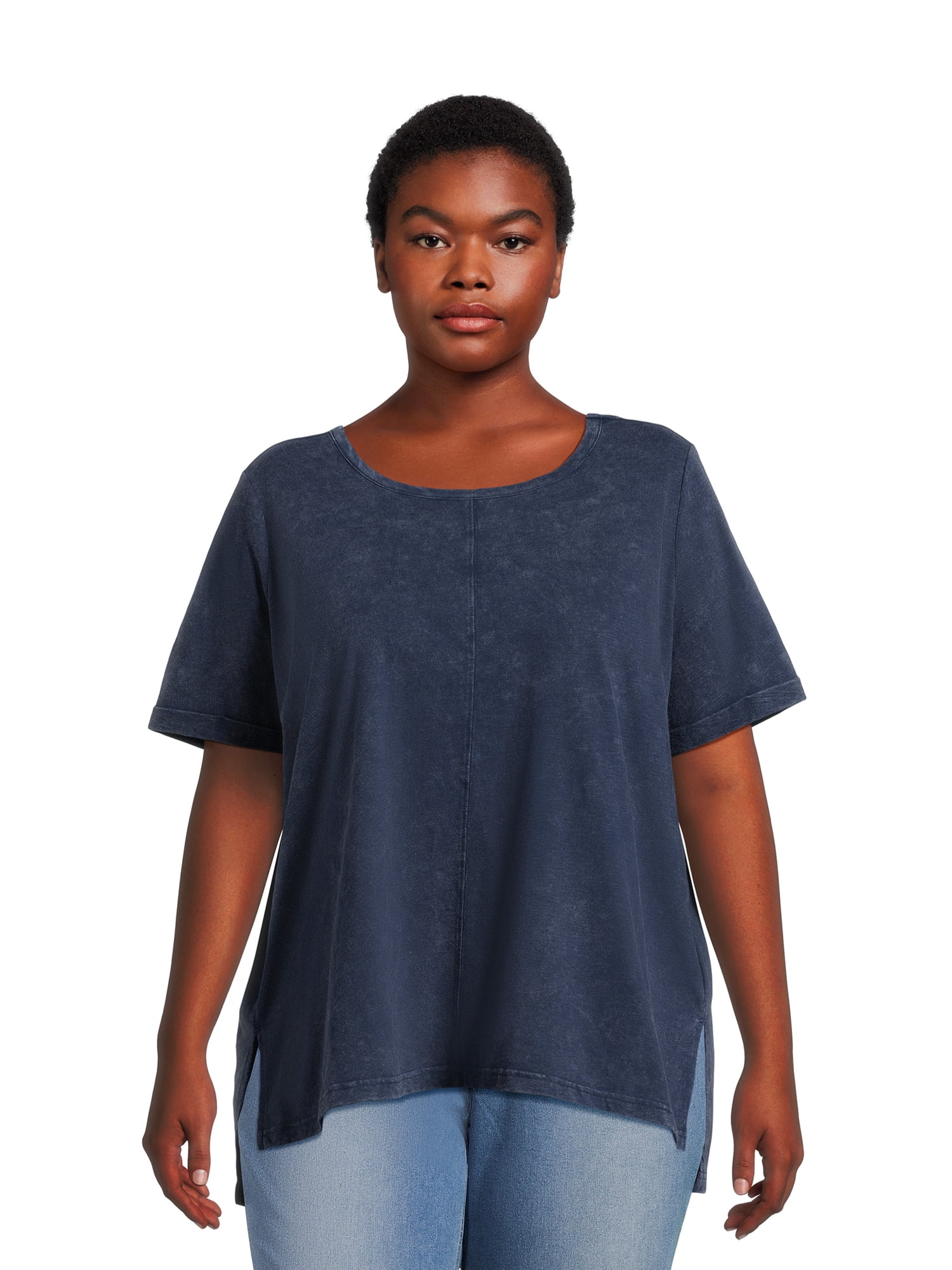Terra & Sky Women's Plus Size Step Hem Tee with Rolled Cuff Elbow ...