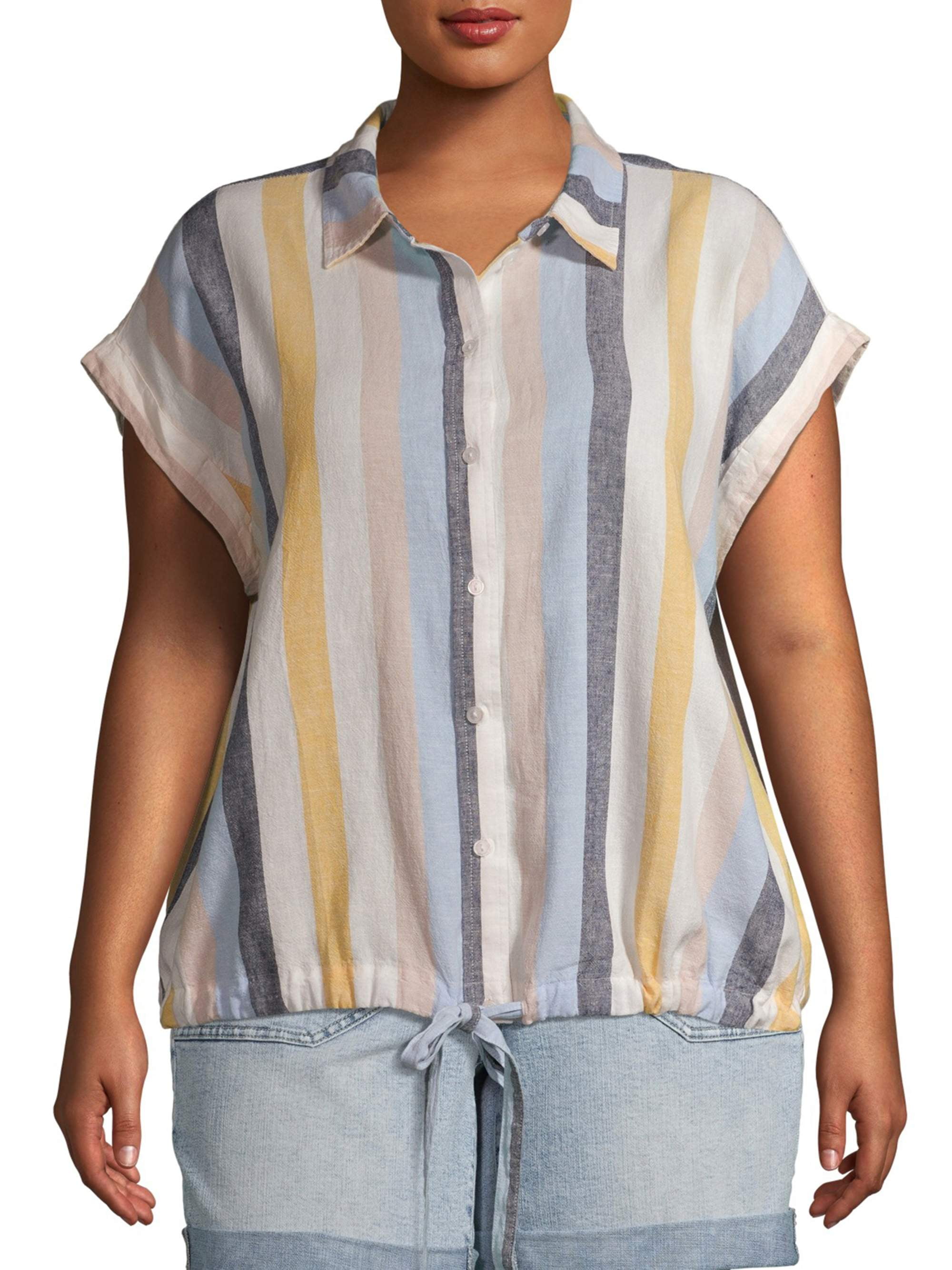 Terra & Sky Women's Plus Size Striped Drawstring Button-Front Top ...