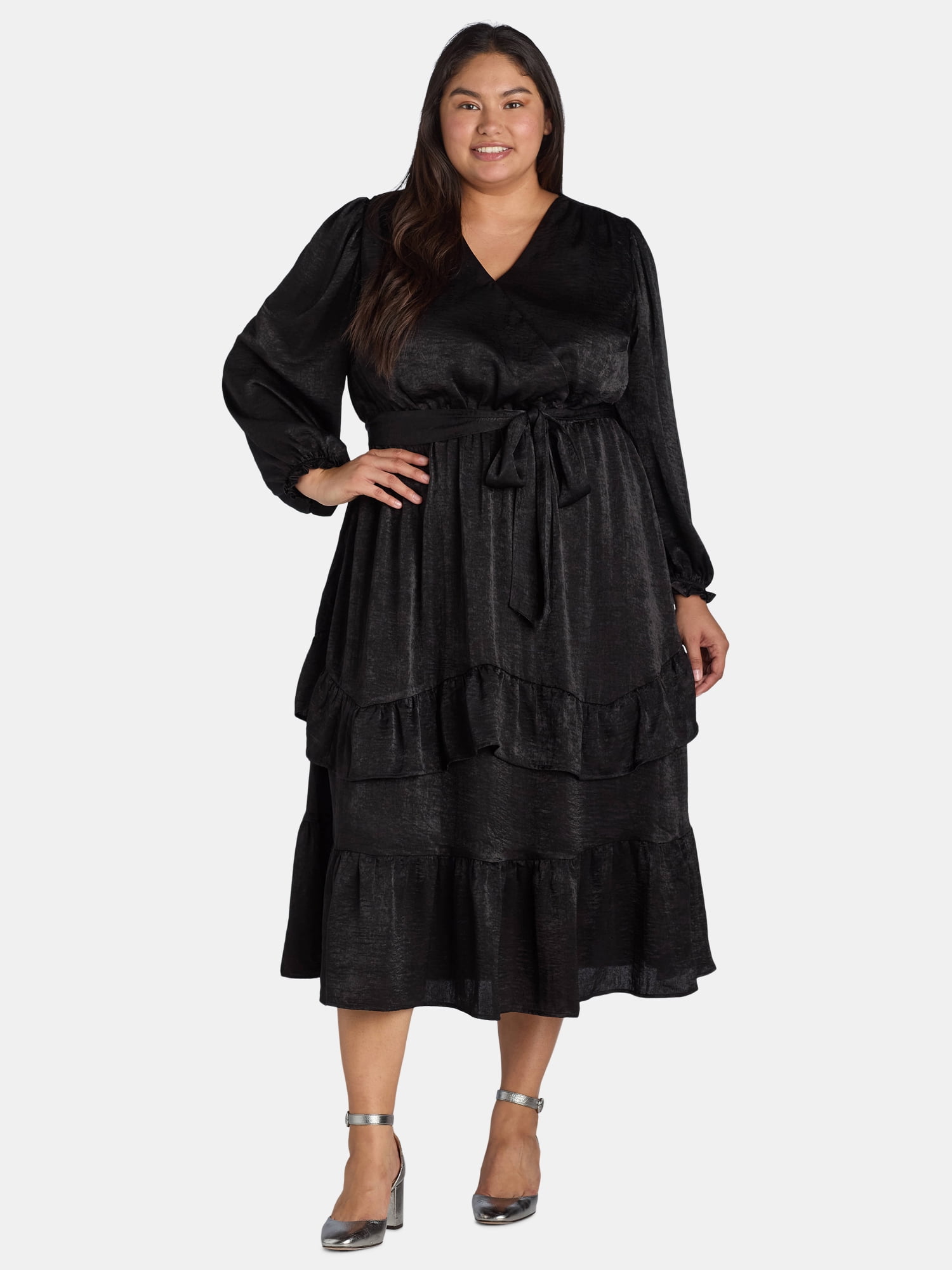 Terra & Sky Plus Size Surplice Maxi Dress with Long Sleeves and Pockets ...