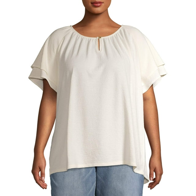 Terra And Sky Womens Plus Size Textured Ruffle Sleeve Peasant Top