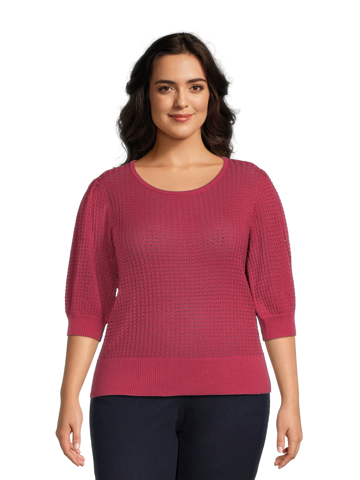 Terra & Sky Women's Plus Size Textured Sweater with Puff Sleeves ...