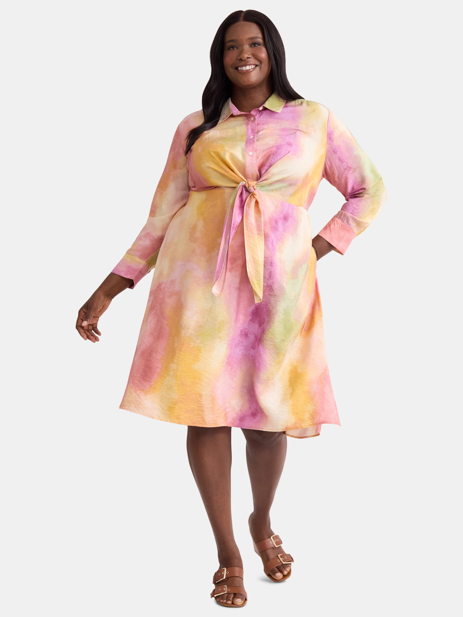 Terra & Sky Women's Plus Size Tie Front Shirtdress, Sizes 0X-5X ...