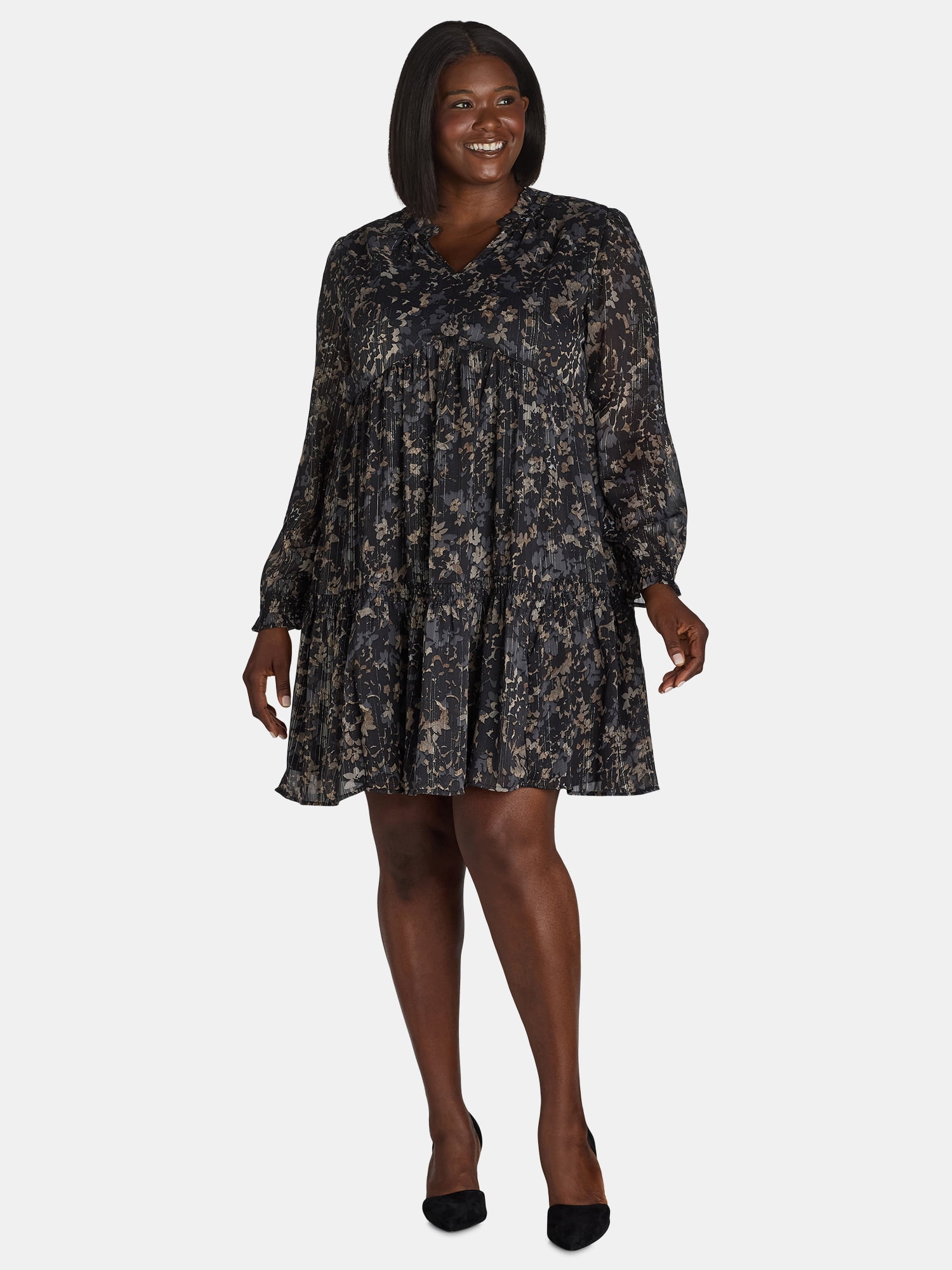 Terra & Sky Plus Size Tiered Mini Dress, Flowy Chiffon, Floral Print ...