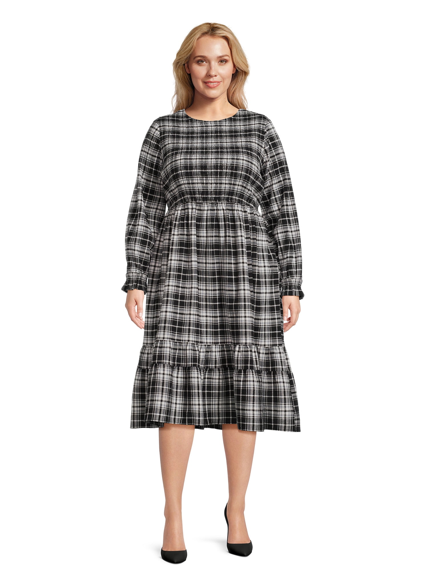 Terra & Sky Plus Size Tiered Peasant Midi Dress with Smocked Bodice and ...