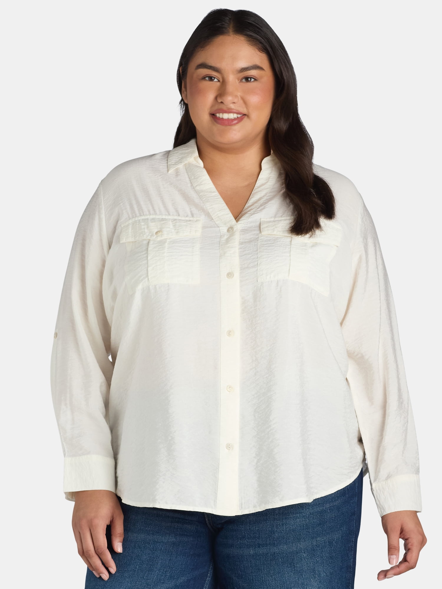 Terra & Sky Women's Plus Size Utility Blouse with Roll Tab Sleeves ...